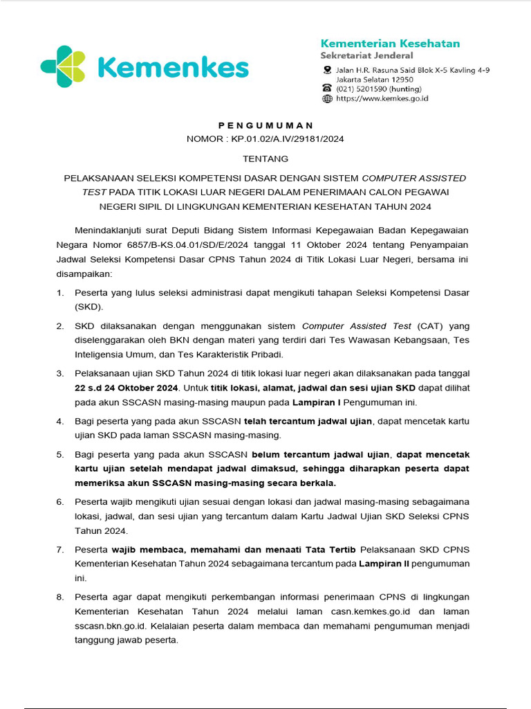 Pengumuman Pelaksanaan SKD Tilok LN 2024 | PDF