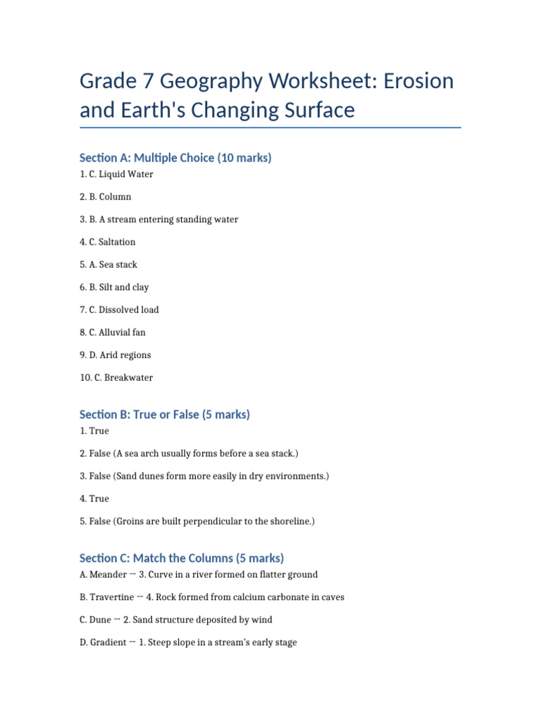 Grade 7 Erosion Worksheet Answers | PDF