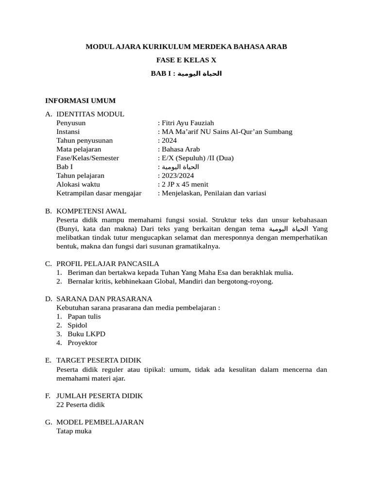 MODUL AJAR BAHASA ARAB BAB 1 (Fitri) | PDF