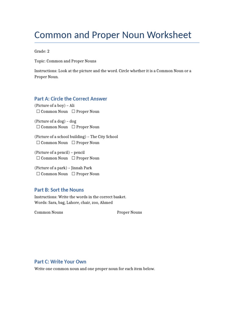 Common and Proper Noun Worksheet Grade2 | PDF