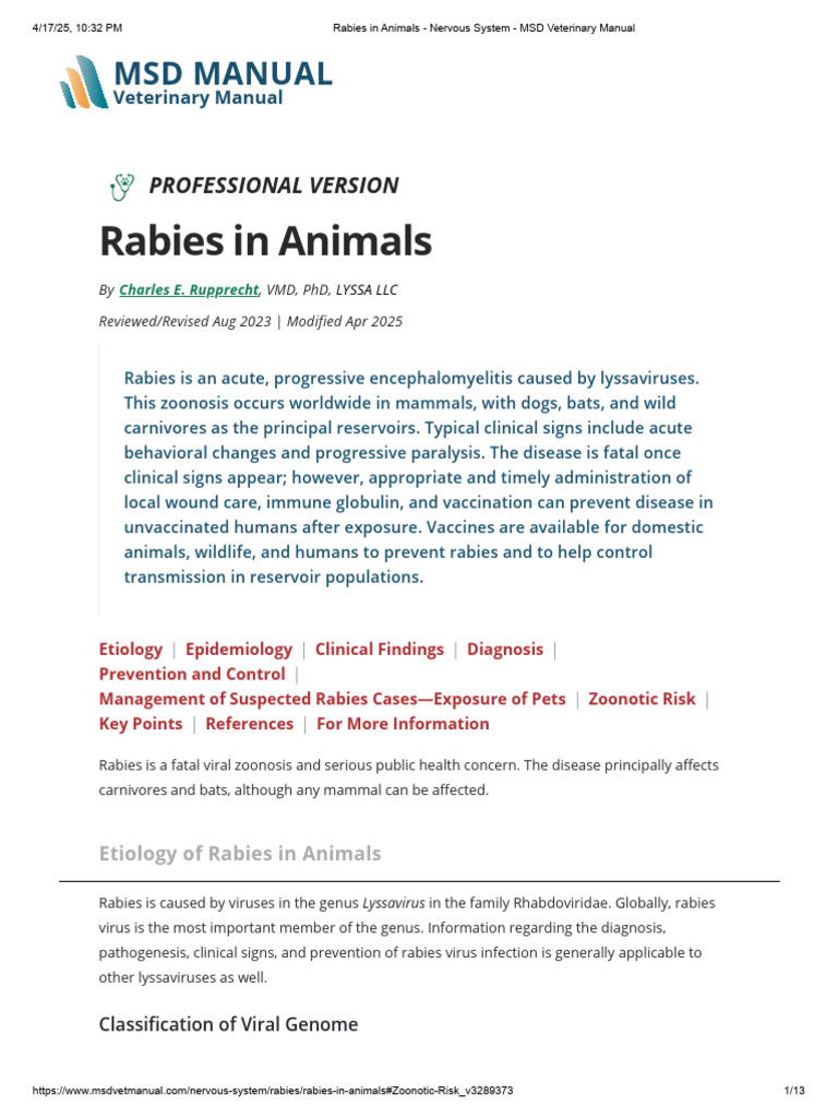 Rabies in Animals - Nervous System | PDF | Rabies | Virus