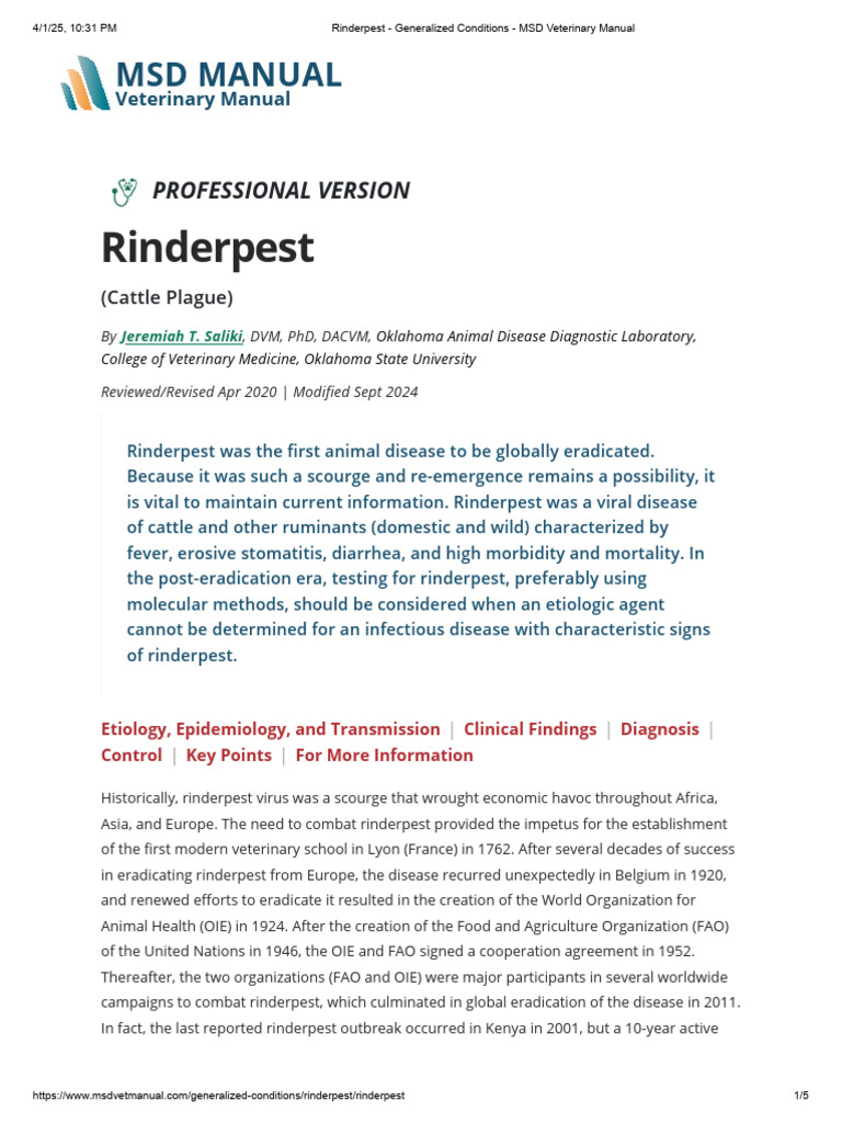 Rinderpest - Generalized Conditions - MSD Veterinary Manual | PDF ...