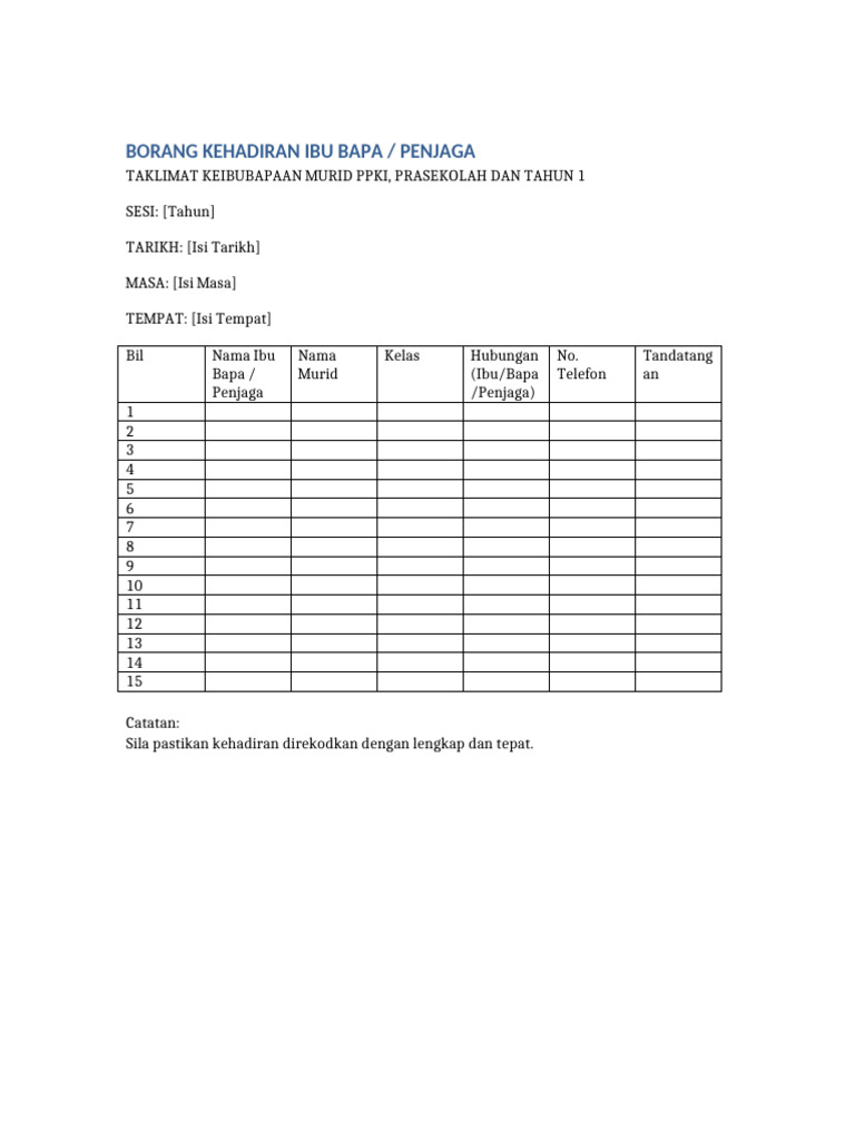 Borang Kehadiran Taklimat Keibubapaan | PDF