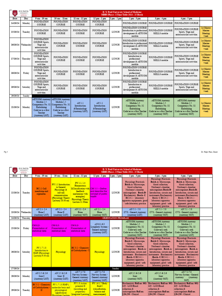 I MBBS Time Table 2024-2025 (1) | PDF | Anatomy | Skeletal Muscle