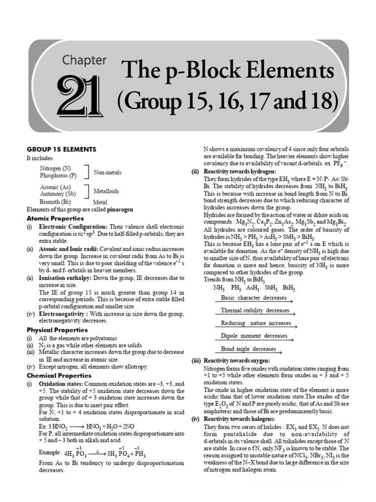 The P-Block Elements (Group 15 16 17 and 18) | PDF | Periodic Table | Nitrogen