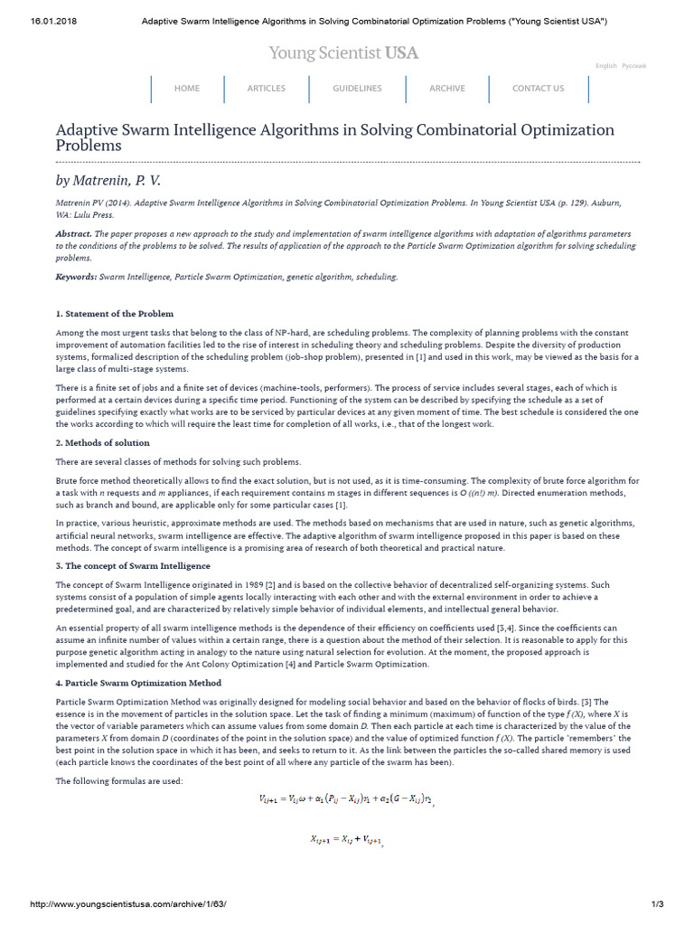 Adaptive Swarm Intelligence Algorithms in Solving Combinatorial Optimization Problems | PDF ...