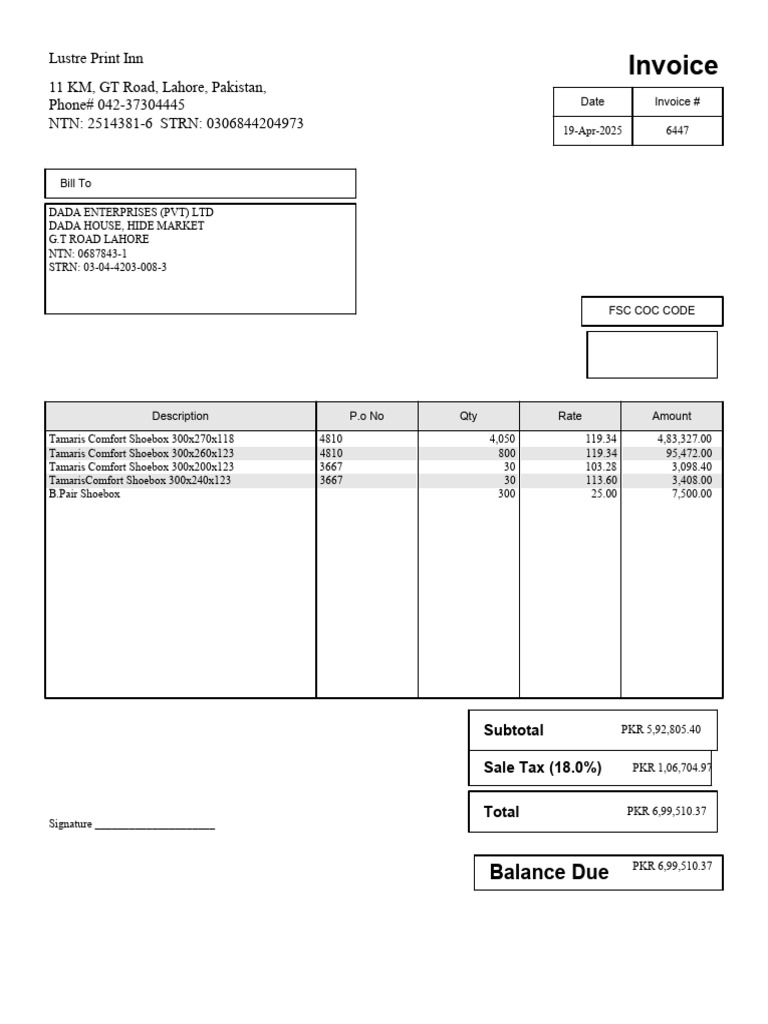 Invoice: Lustre Print Inn 11 KM, GT Road, Lahore, Pakistan, Phone# 042-37304445 NTN: 2514381-6 ...