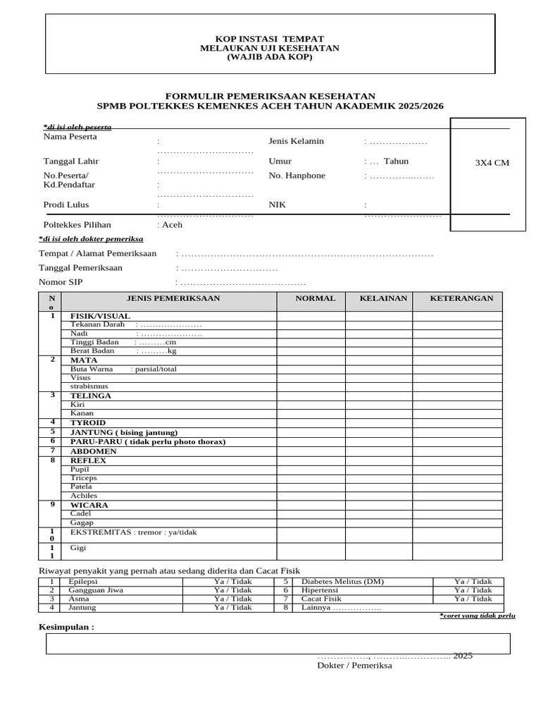 Form Uji Kesehatan 2025 | PDF