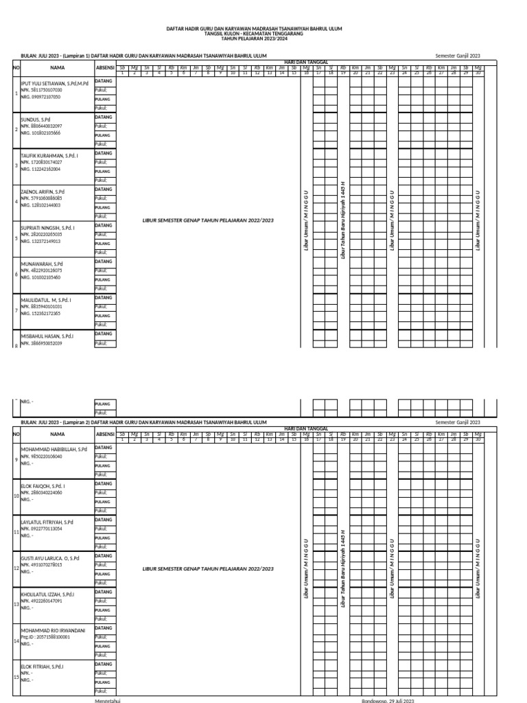 Absen Guru.2023-2024.MA MIFTAHUL ULUM | PDF