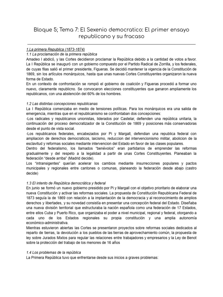 Bloque 5 Tema 7 - El Sexenio Democratico - El Primer Ensayo Republicano y Su Fracaso | PDF ...