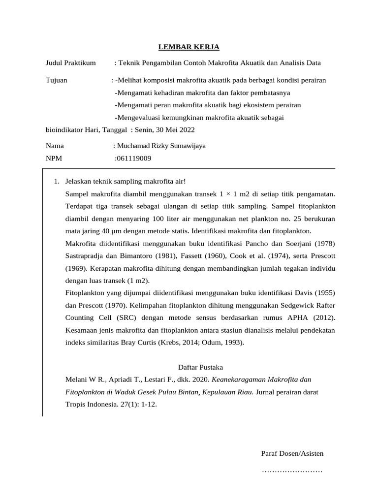 Laporan Praktikum Ekologi Perairan Tawar - Muchamad Rizky Sumawijaya 061119009 | PDF