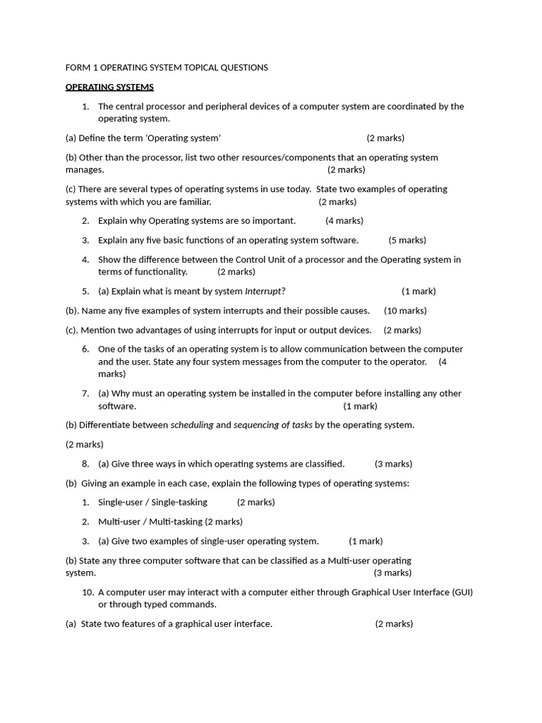 Form 1 Operating System Questions | PDF | Operating System | Graphical User Interfaces