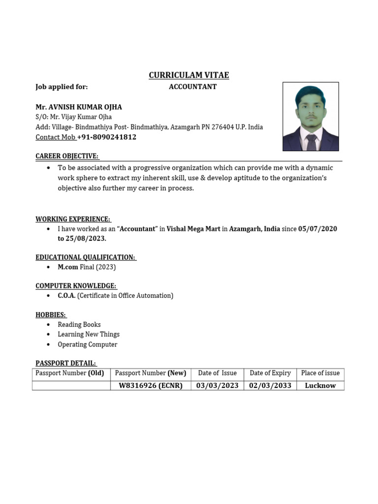 Avnish Kumar Ojha (Accountant) | PDF