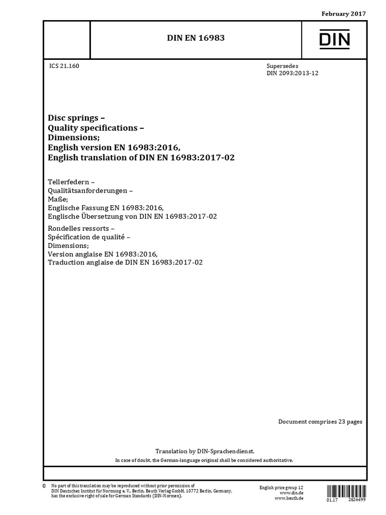 DIN EN 16983 Disc Springs Standards | PDF | Steel | Engineering Tolerance