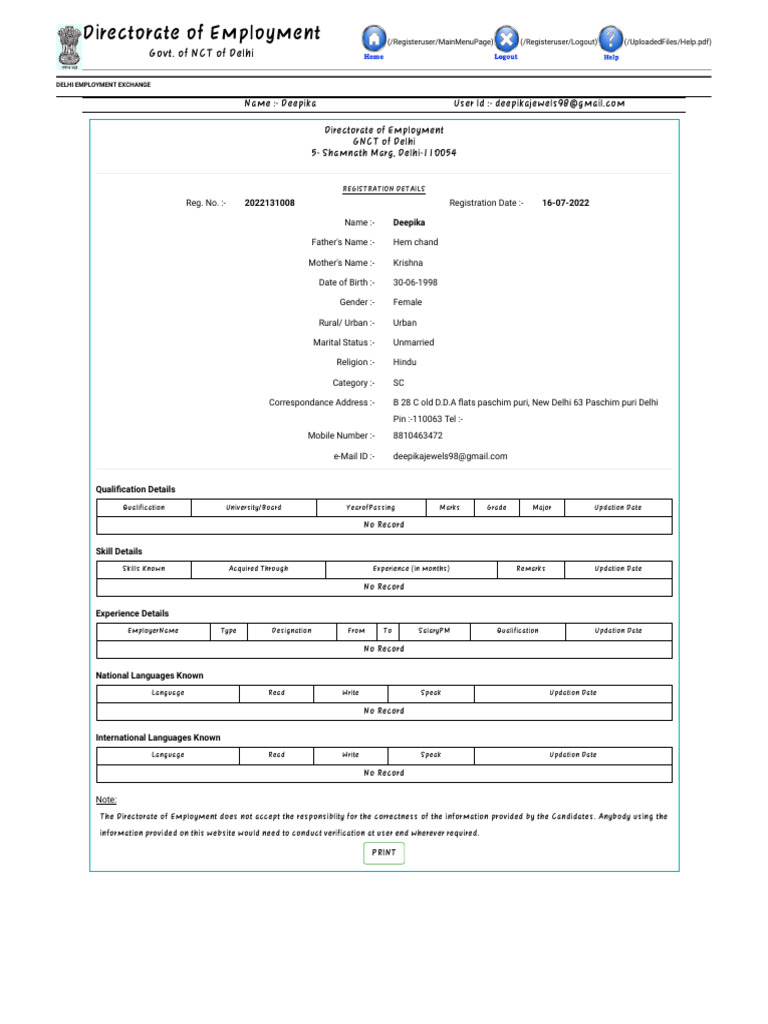 Delhi Employment Exchange Registration | PDF