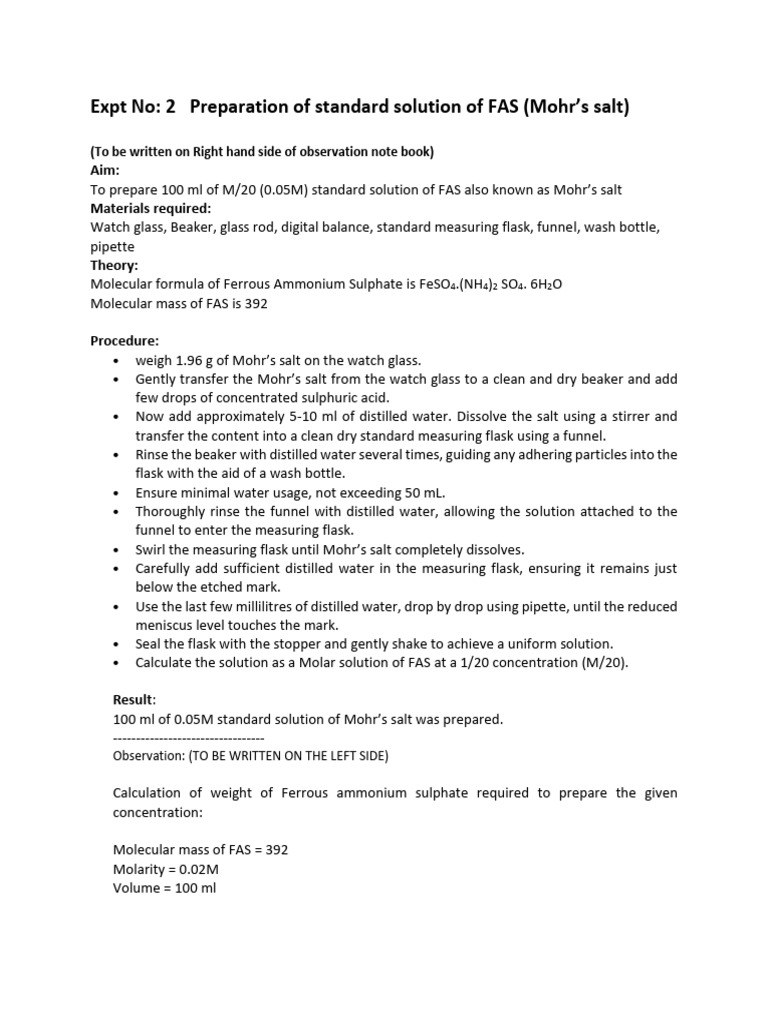 Expt No2-Preparation of Standard FAS Solution | PDF