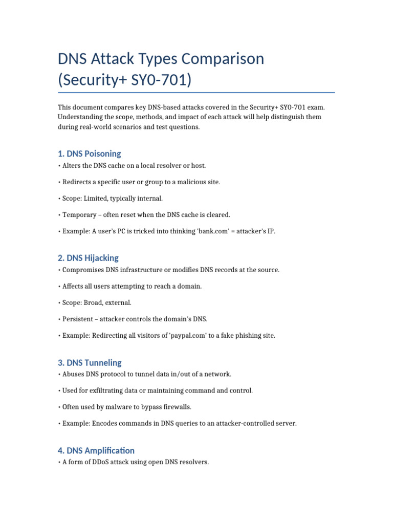 DNS Attack Types Overview for Security+ | PDF