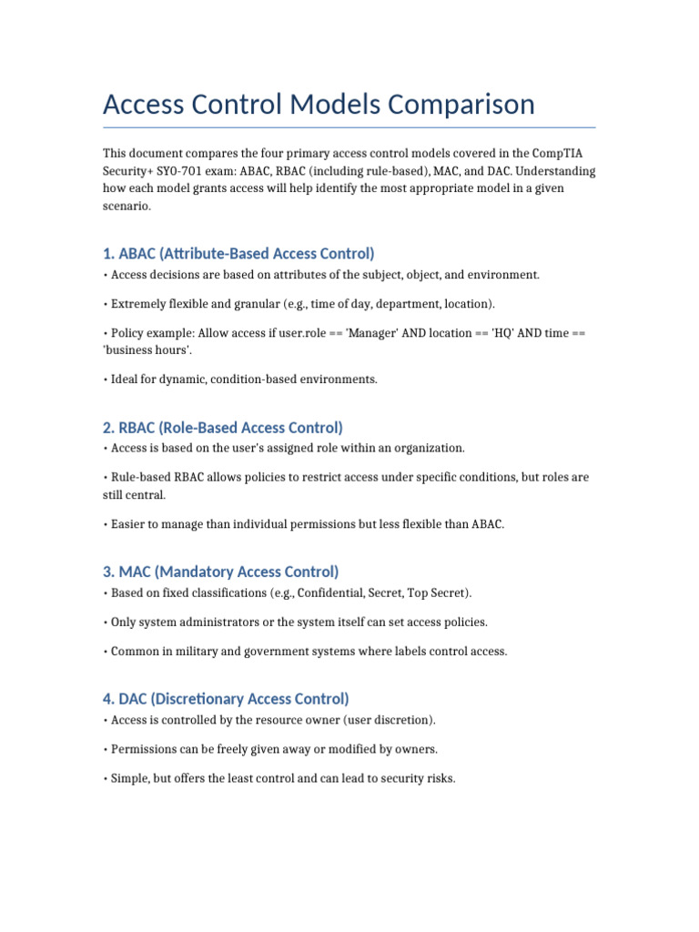 Access Control Models Comparison SY0-701 | PDF