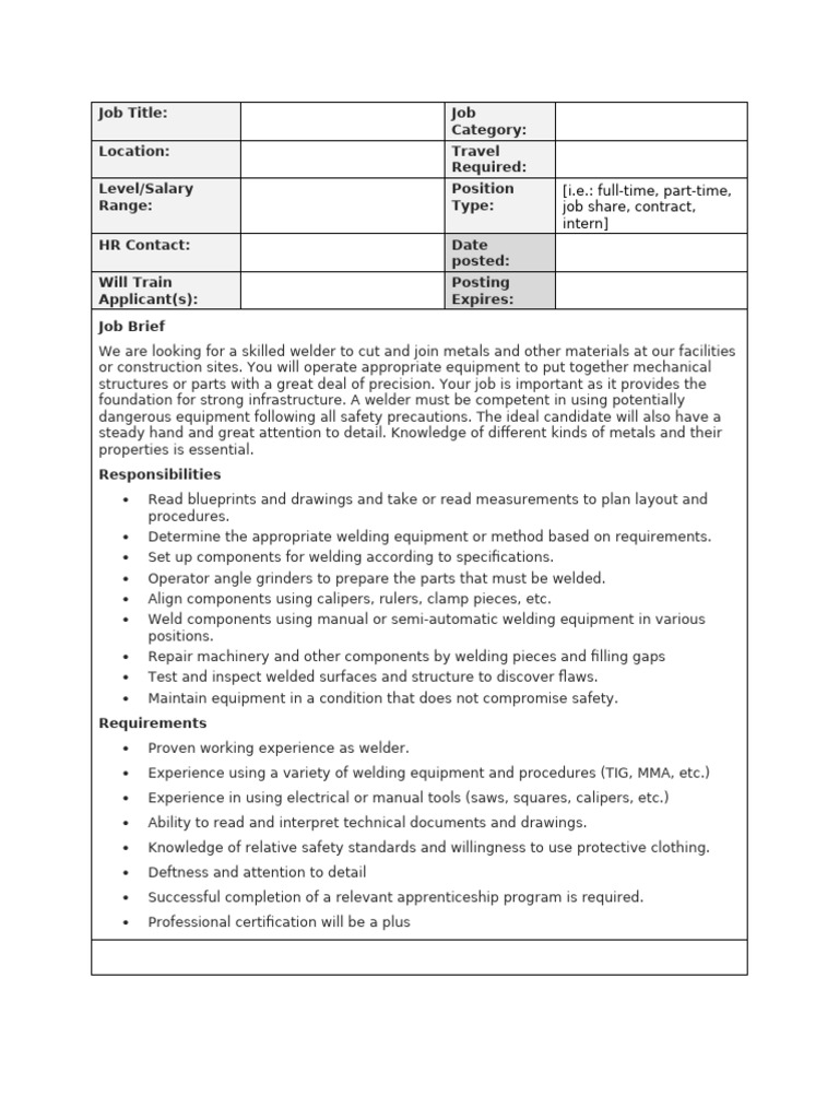 Job Description Template 09 | PDF | Welding | Construction