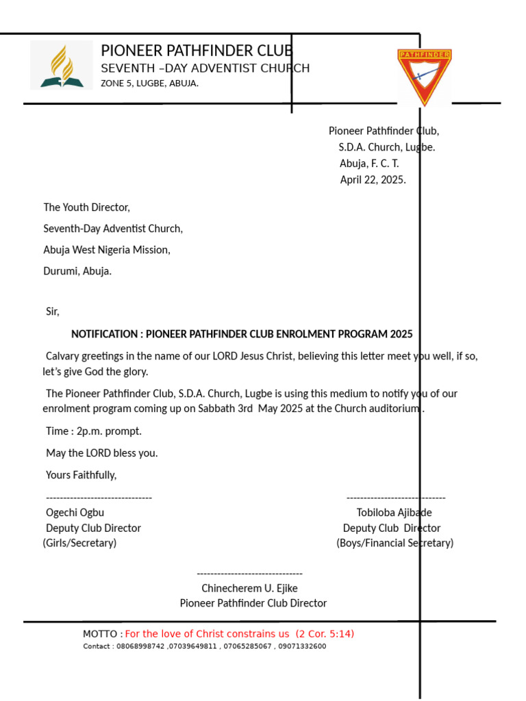 Pioneer Pathfinder Club Letterhead | PDF