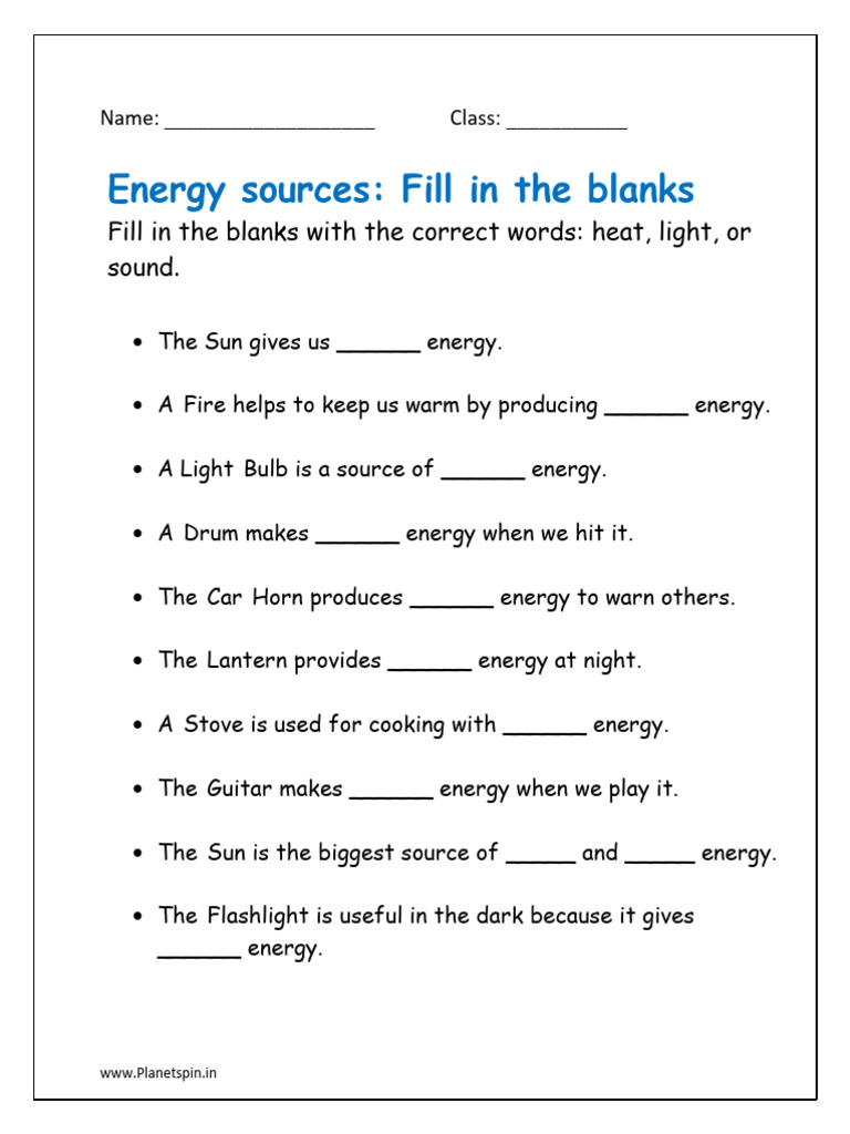 Fill in The Blanks Energy Sources Worksheet | PDF