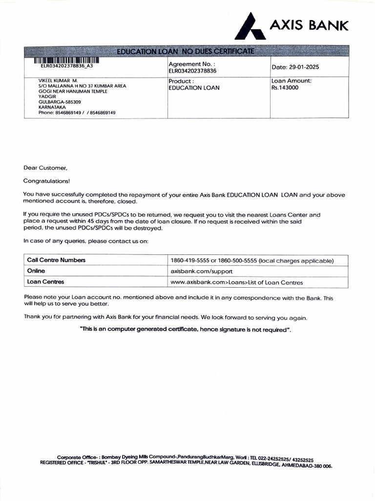 Education Loan Closure Confirmation | PDF