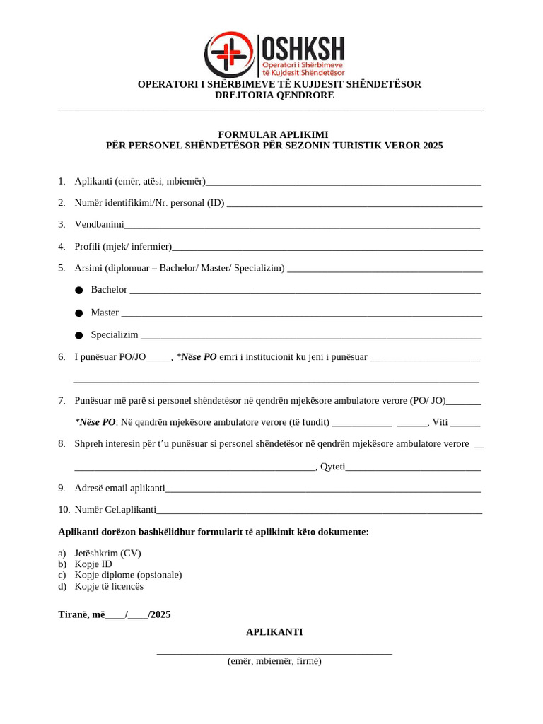 Formular Aplikimi Per Personel Shedetesor QSH Verore 2024 1 | PDF