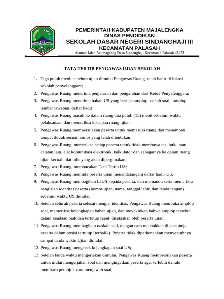 TATA TERTIB PENGAWAS DAN PESERTA UJIAN SEKOLAH (US) | PDF