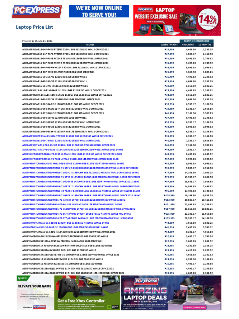 PC Express Laptop Price List 2024 | PDF | Intel | Portable Computers