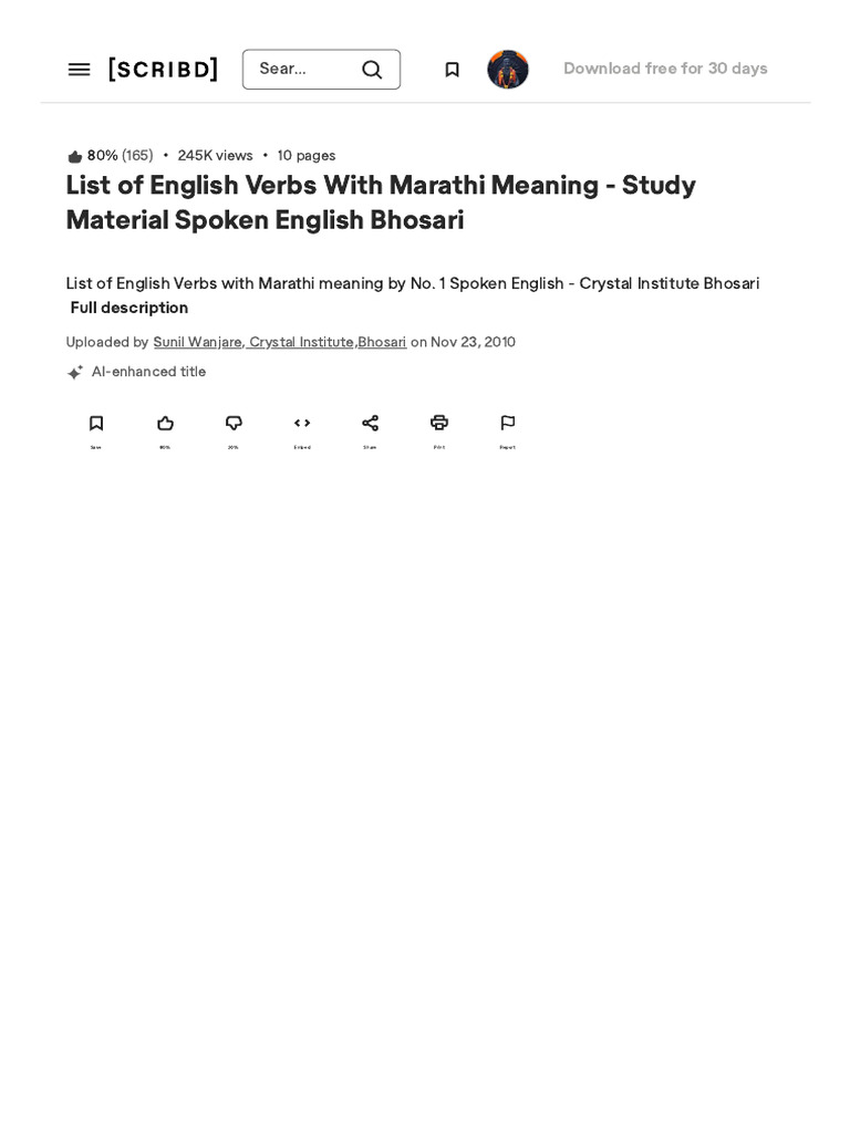 List of English Verbs With Marathi Meaning - Study Material Spoken English Bhosari - PDF | PDF ...
