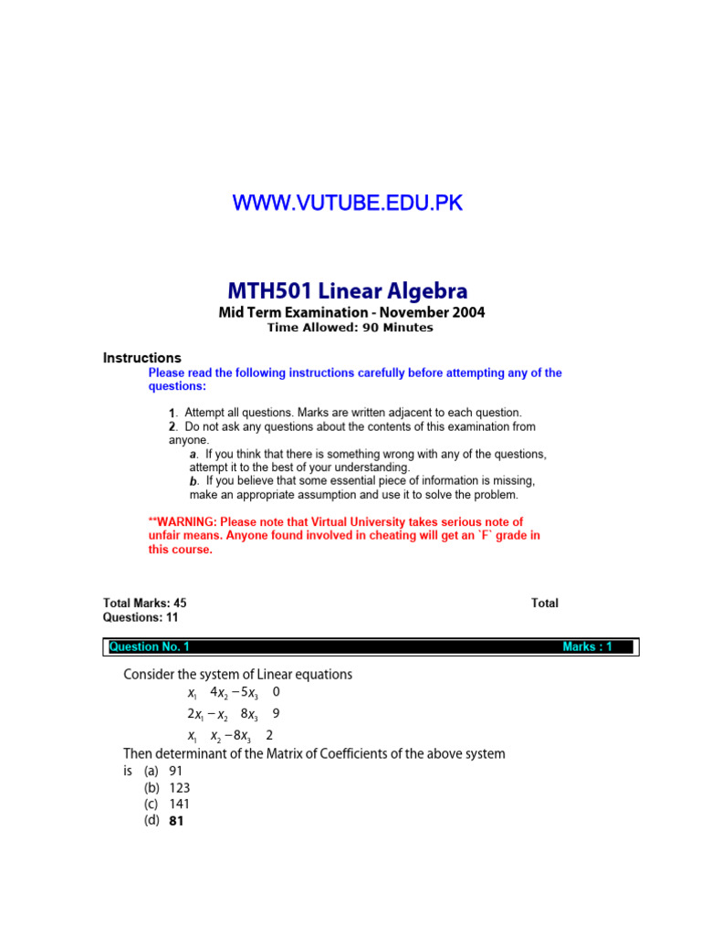 MTH501 Subjective File For Mid Term Download | PDF | Vector Space | Linear Subspace