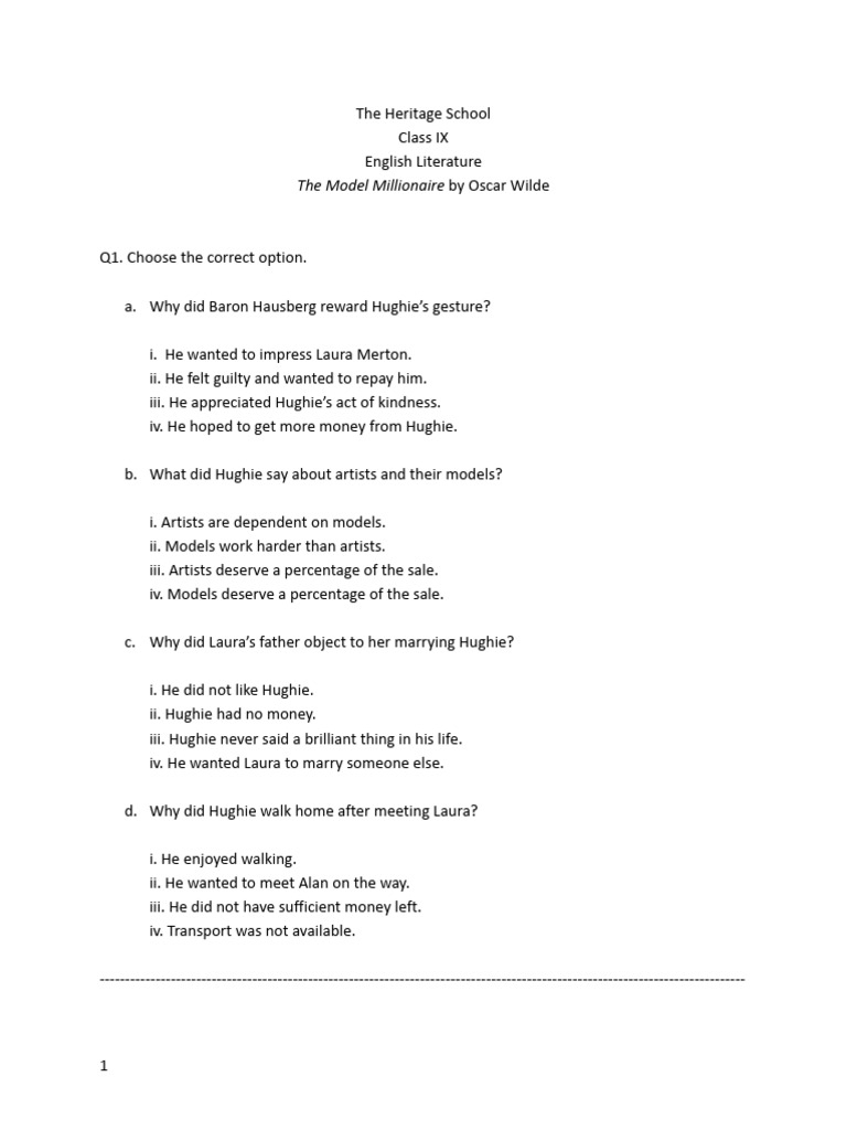 Class IX - WorkThe Model Millionaire | PDF