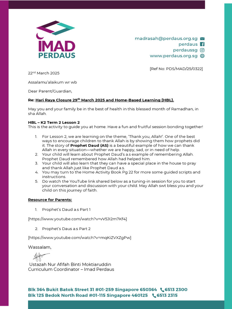 HBL Letter To K2 Parents For Hari Raya 2025 | PDF