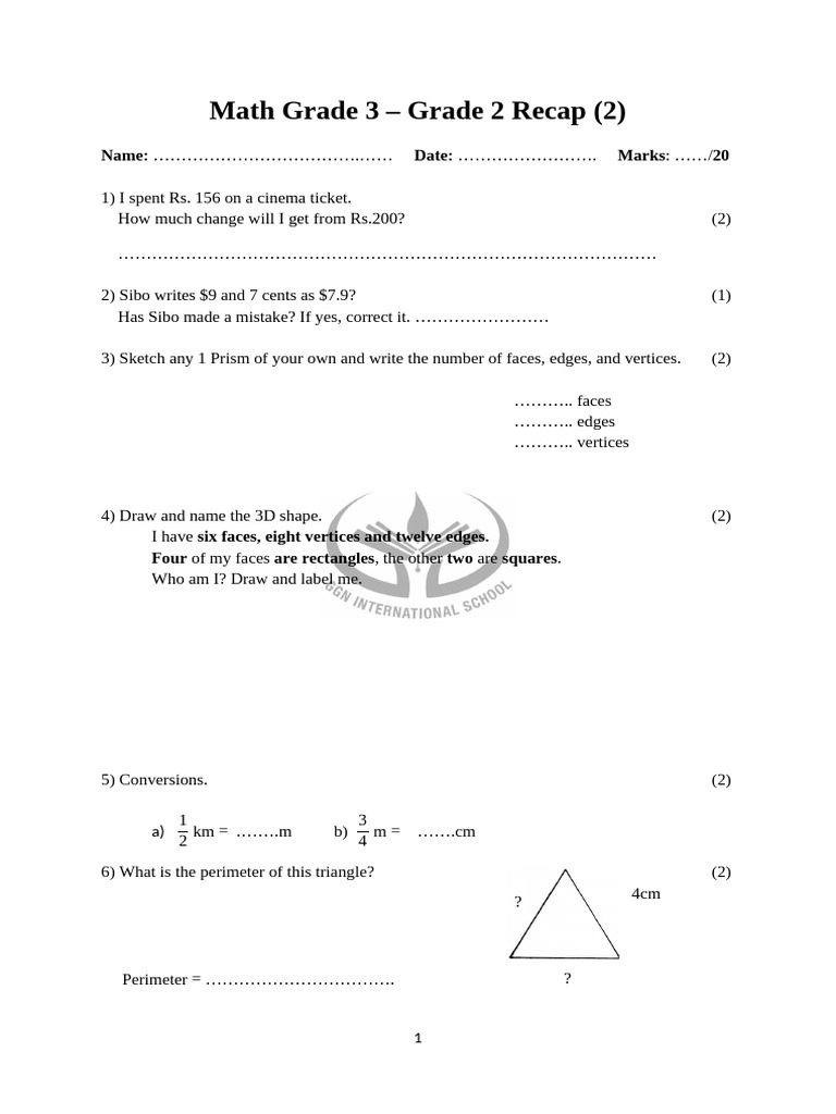G2 - 3 Math RecapAS2 | PDF