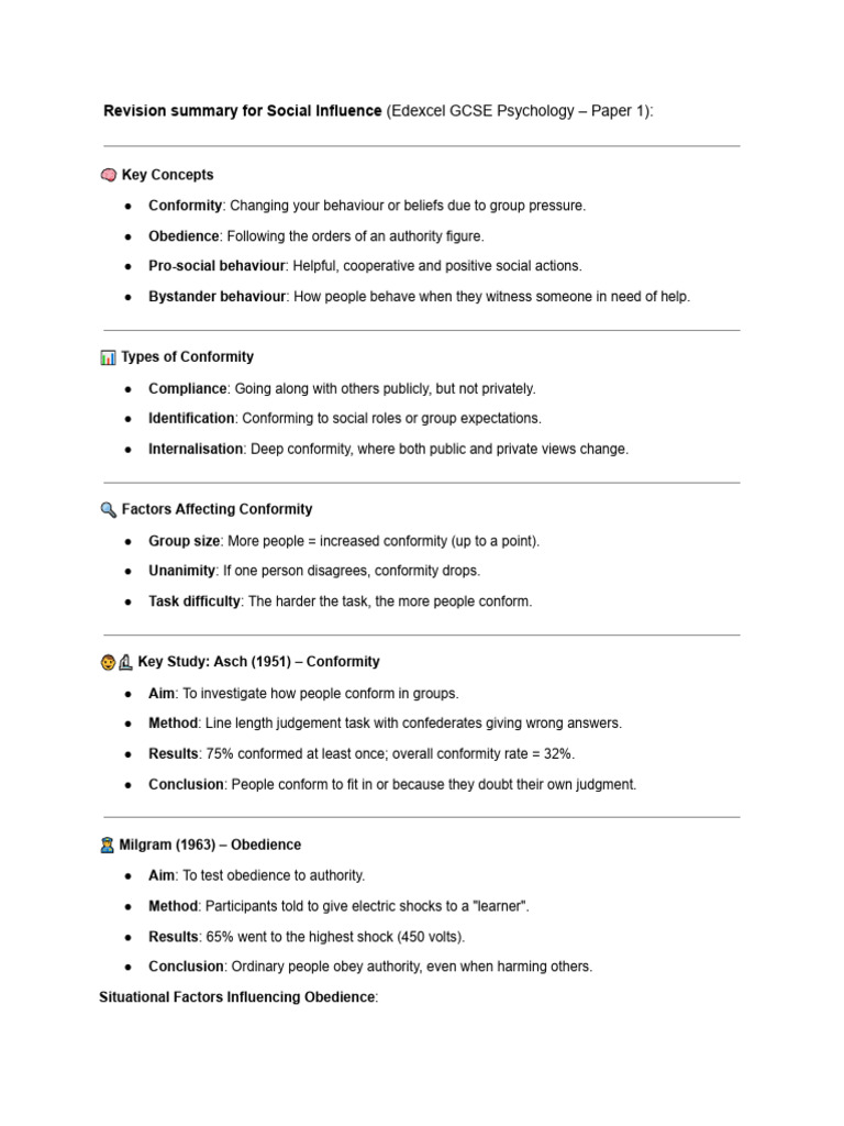 Revision Summary For Social Influence | PDF | Conformity | Group Processes