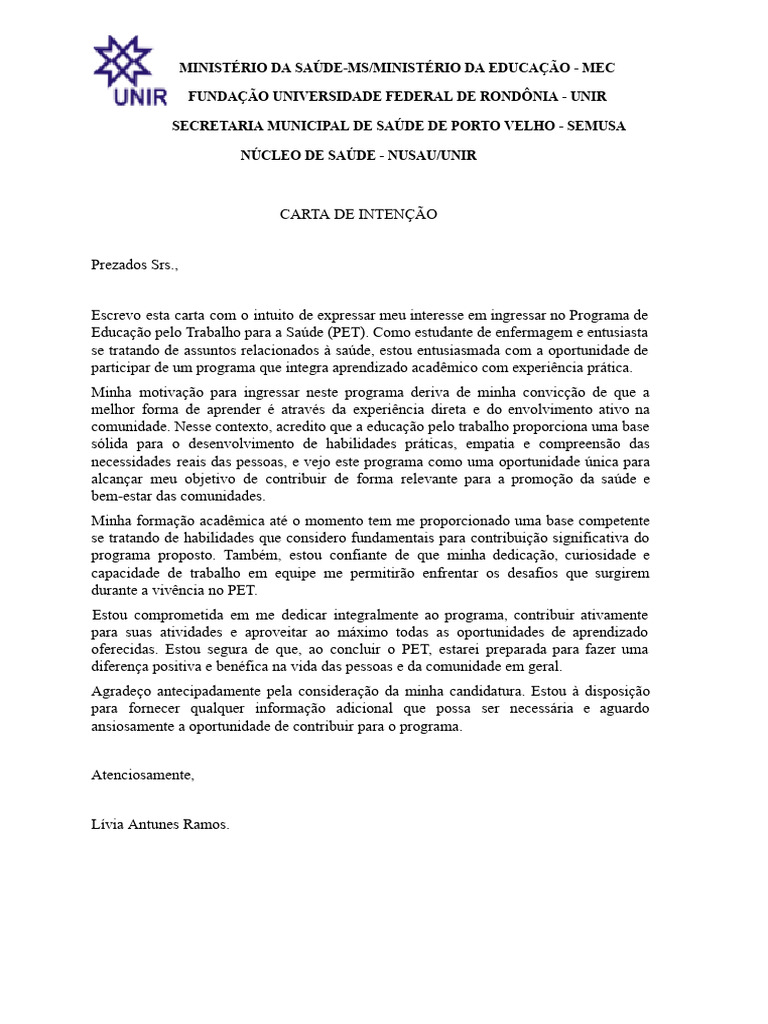 Carta de Intenção para o PET Saúde | PDF