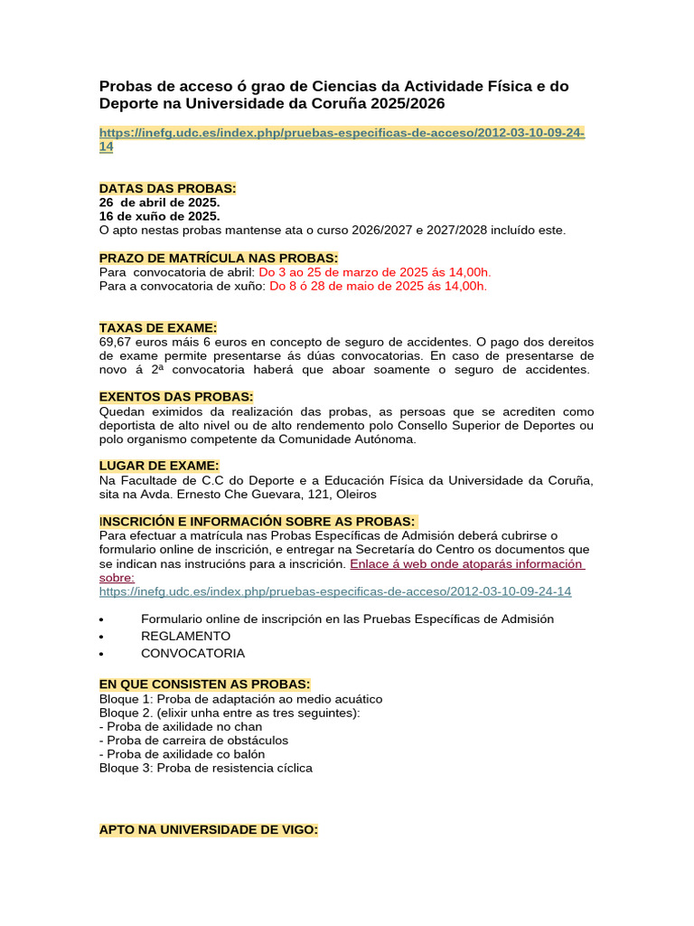 Probas de acceso ó grao de Ciencias da Actividade Física e do Deporte na Universidade da Coruña ...