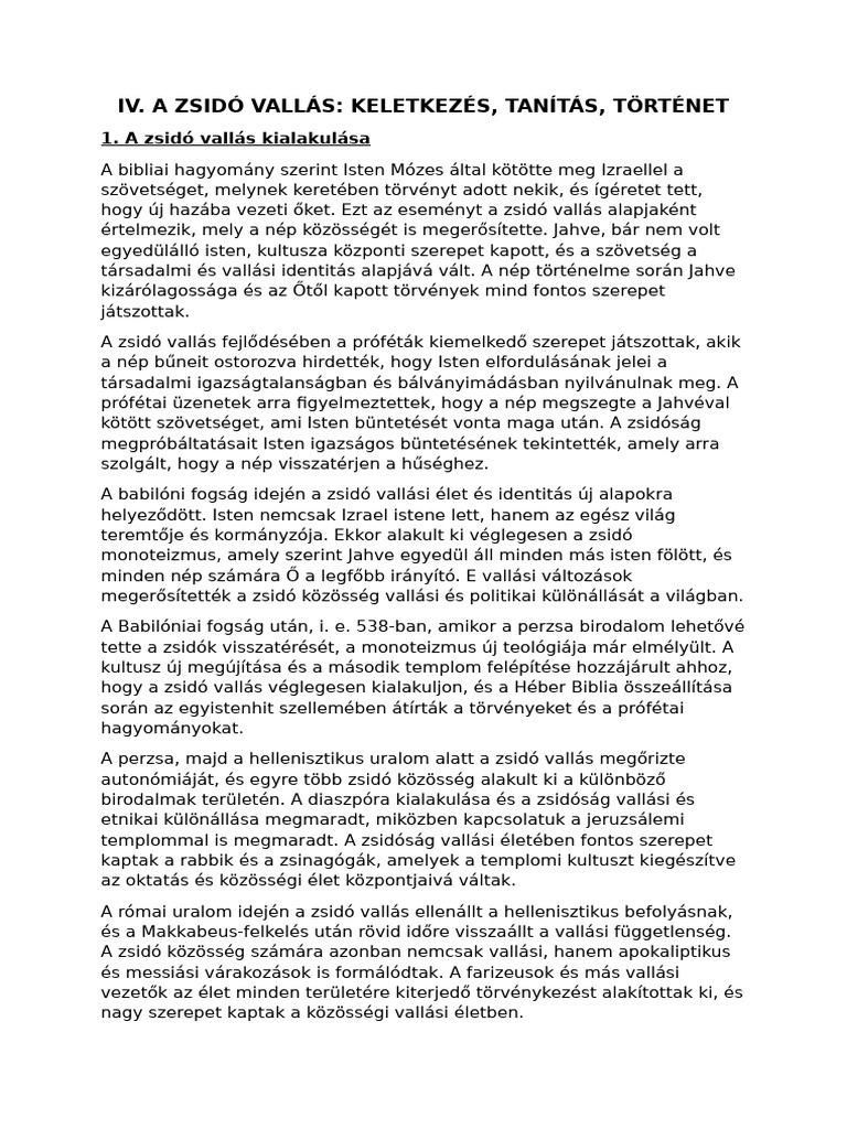 IV.a Zsidó Vallás, Keletkezés, Tanítás, Történet | PDF