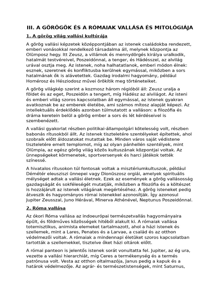 III.a Görögök És A Rómaiak Vallása És Mitológiája | PDF