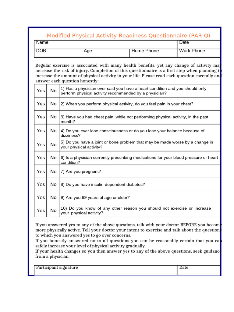 Modified Physical Activity Readiness Questionnaire | PDF ...