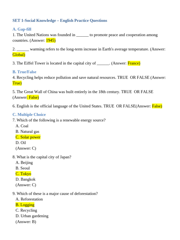 Social Knowledge English Practice Quiz | PDF
