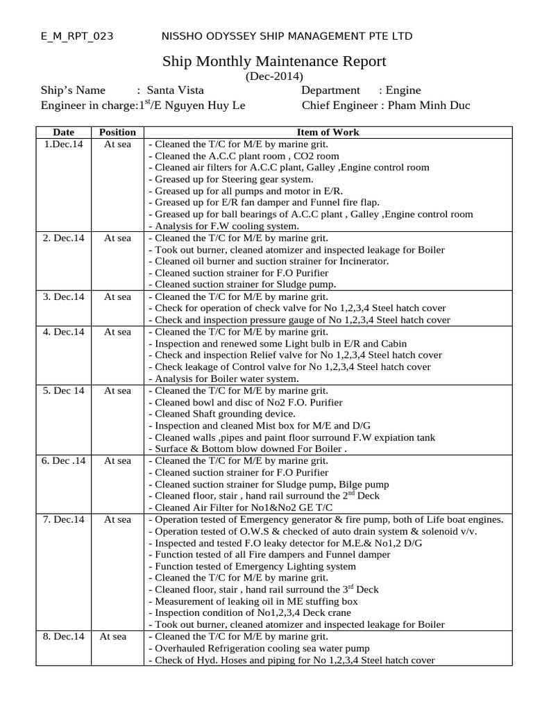 SV - E - M - RPT - 023 - Ship Monthly Maitenance Report - 141231 | PDF ...