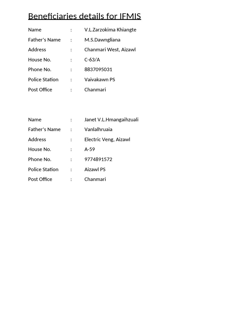 Beneficiaries Details For IFMIS | PDF