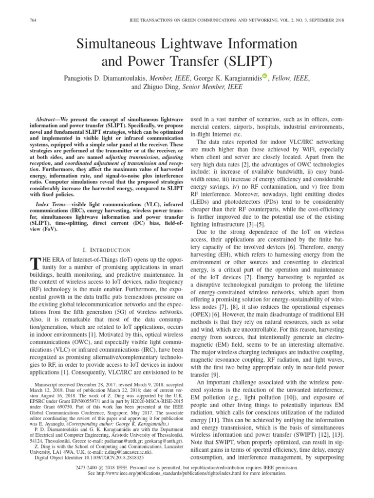 Simultaneous Lightwave Information and Power Transfer SLIPT | PDF ...