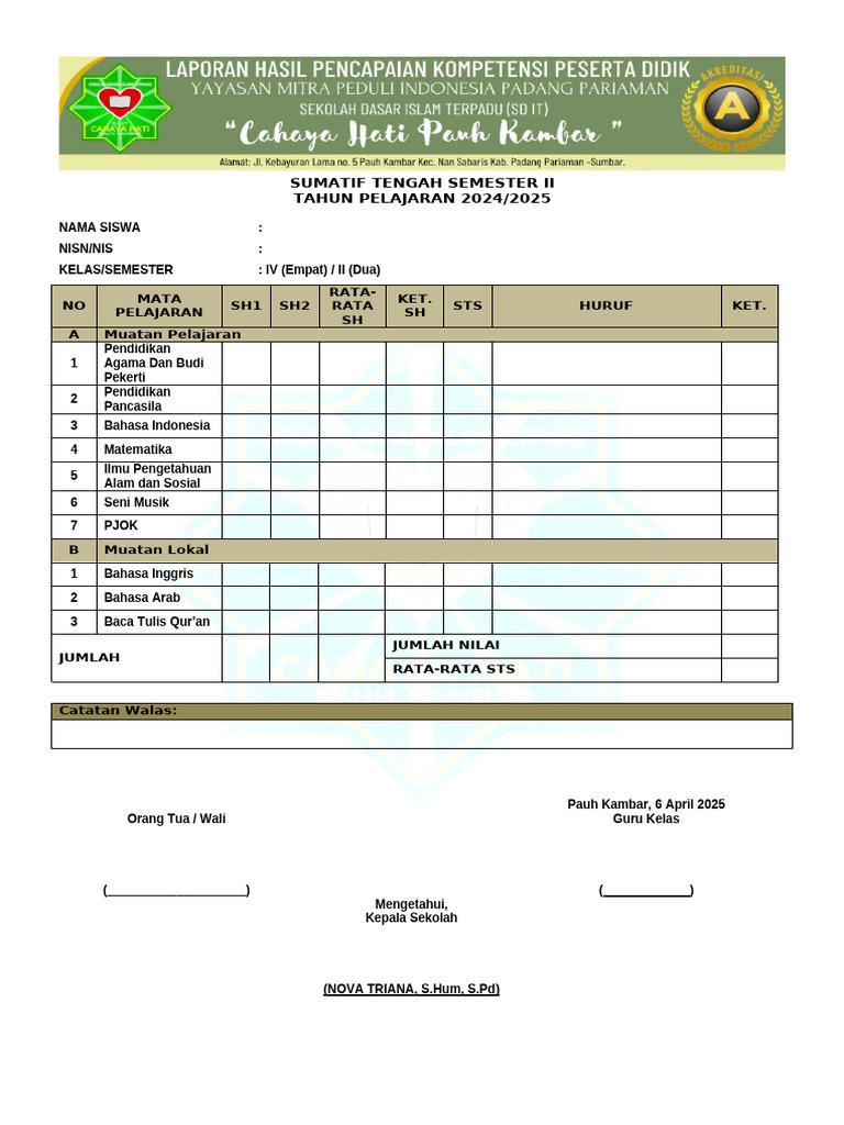 Rapor STS 2 Kelas 4 | PDF