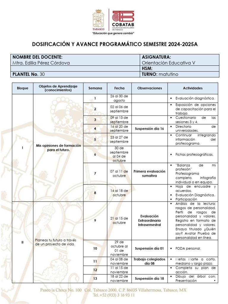 Dosificación Orientación Educativa 2024-2025 | PDF | Aprendizaje