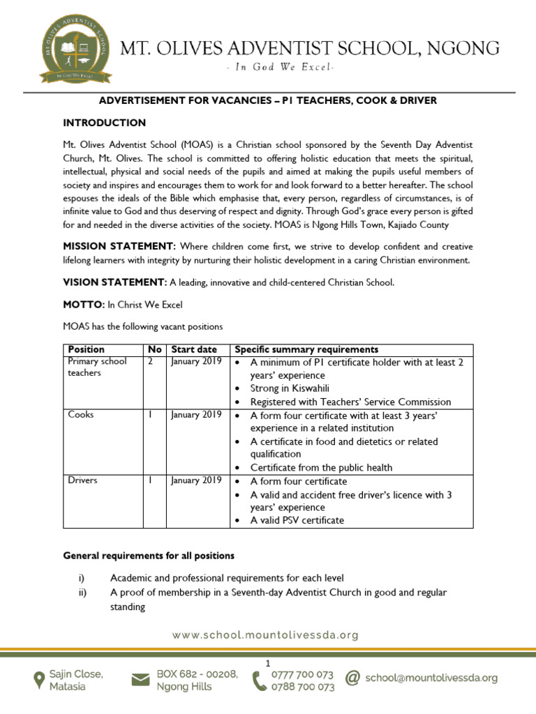 MOAS Vacancies - Teacher-Cook-Driver - 4th Nov 2018 | PDF