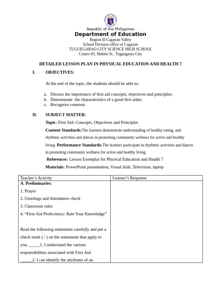 First Aid Lesson Plan for PE 7 | PDF | First Aid