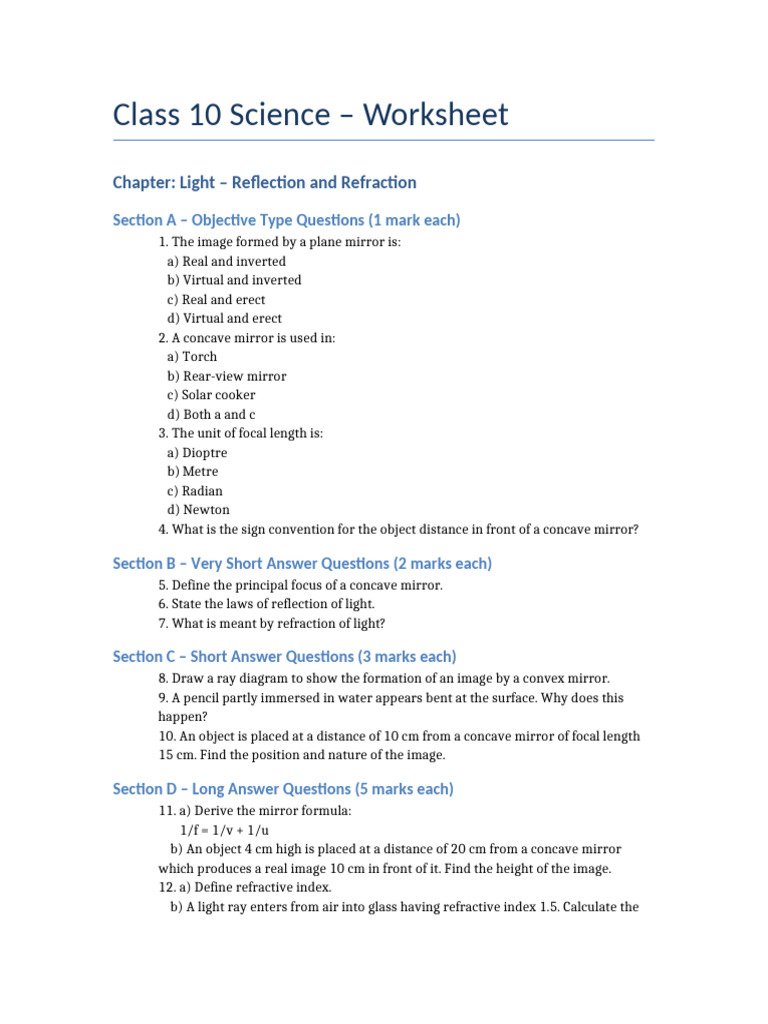 Class 10 Science Worksheet Light | PDF