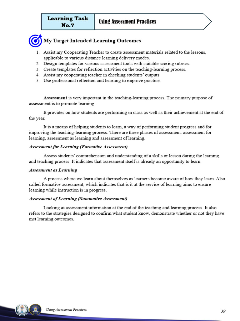 Learning Task No. 7 Using Assessment Practices | PDF | Educational ...